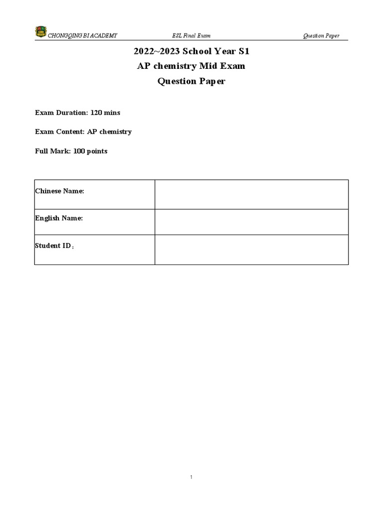 AP Chemistry Mid Term Test Paper | PDF | Chemical Polarity | Chemical ...
