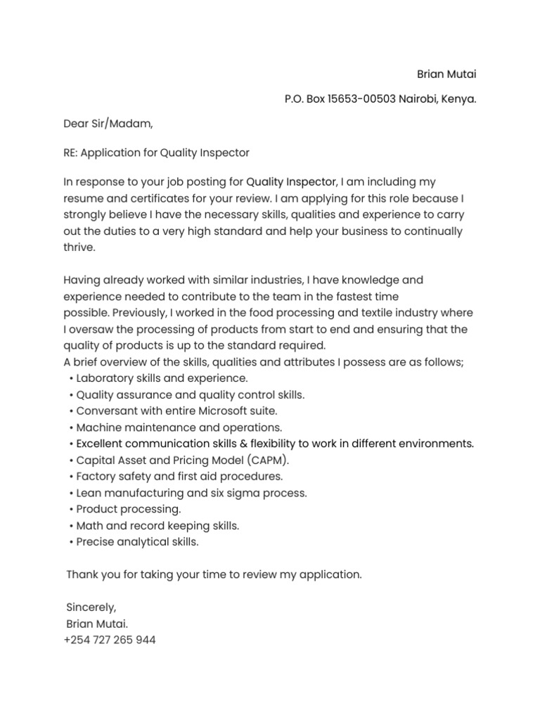 Brian Mutai Cover Letter | PDF | Career & Growth