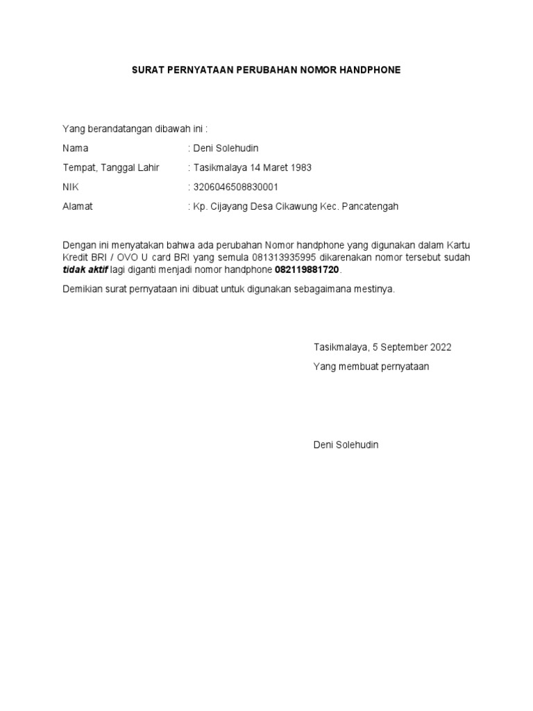 Surat Pernyataan Perubahan Nomor Handphone | PDF