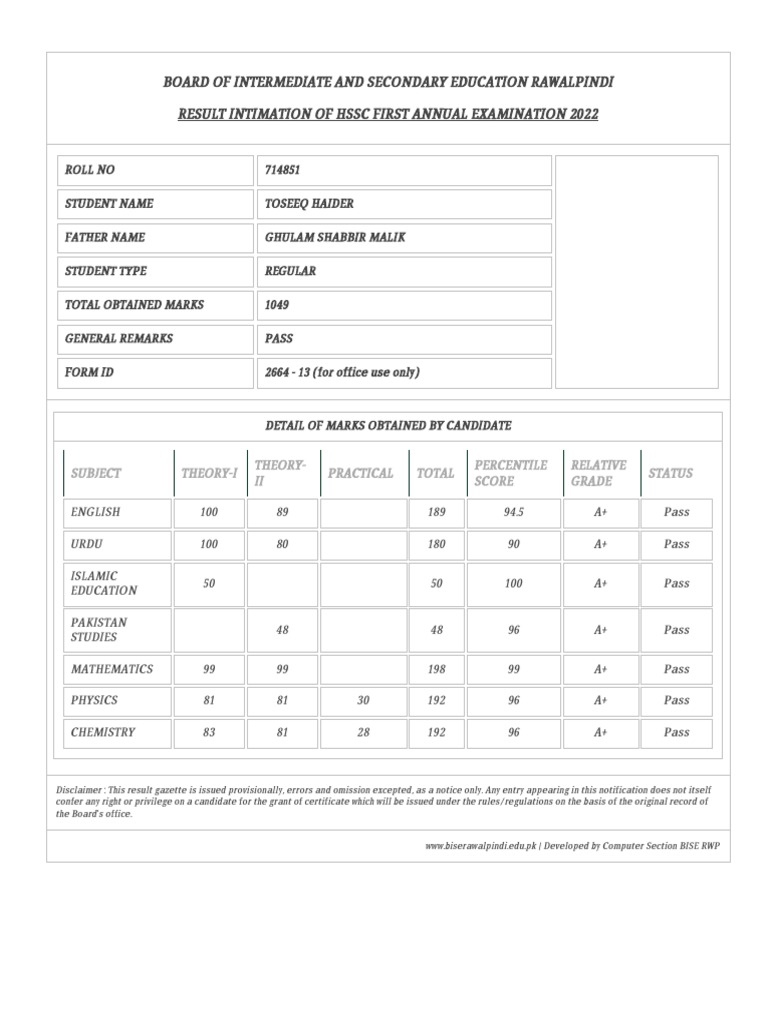Result - Board of Intermediate and Secondary Education Rawalpindi | PDF ...