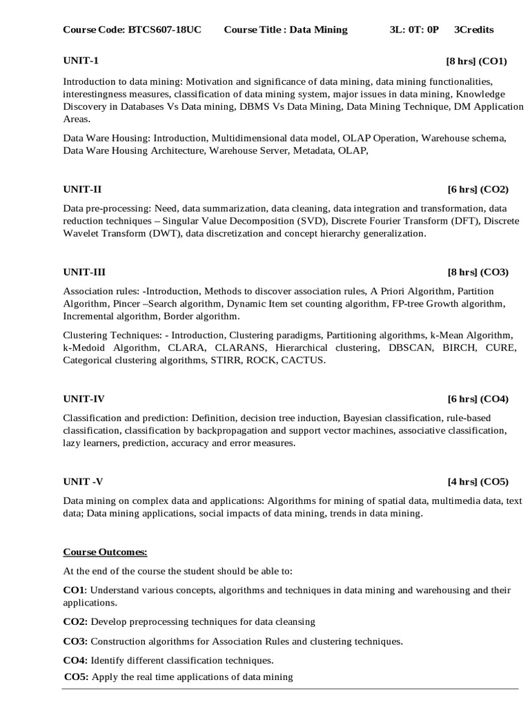 DATA MINING Syllabus | PDF | Cluster Analysis | Data Mining