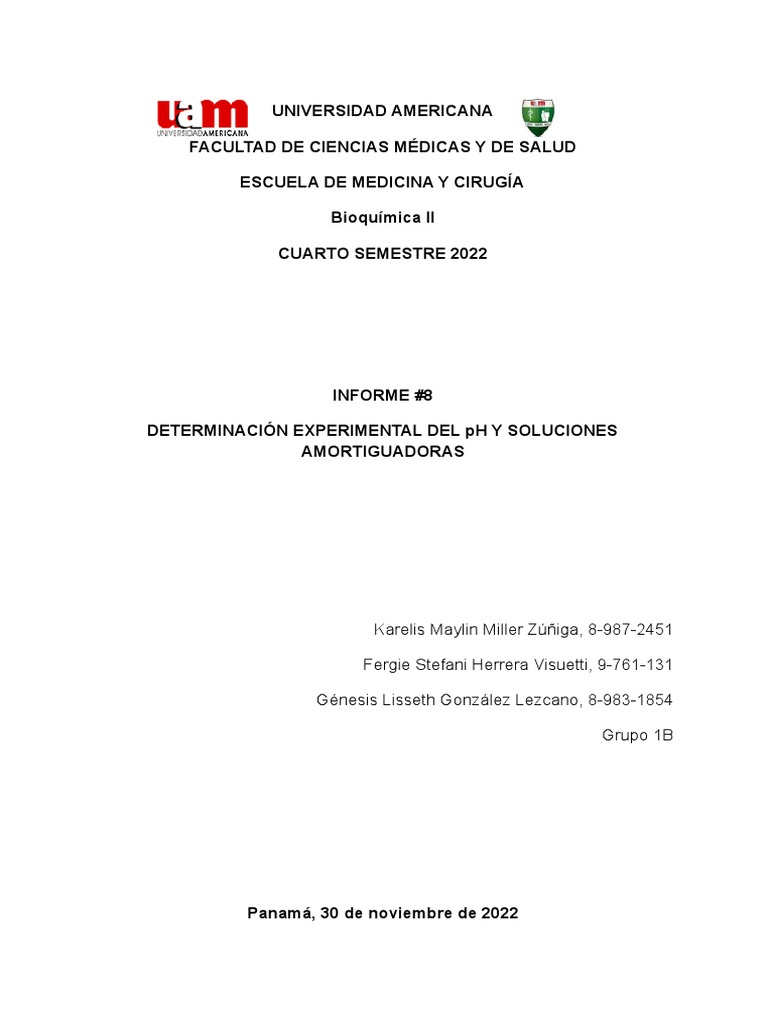 Informe #8 de Bioquímica | PDF | Solución tampón | Ph
