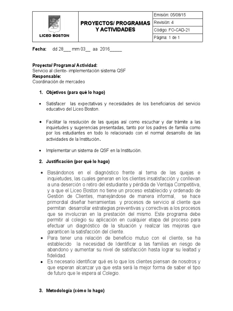 Programa QSF | PDF | Servicio al Cliente | Diseño