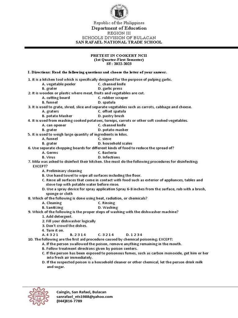 Pretest in Cookery NCII: A Pre-Assessment on Food Safety, Sanitation ...