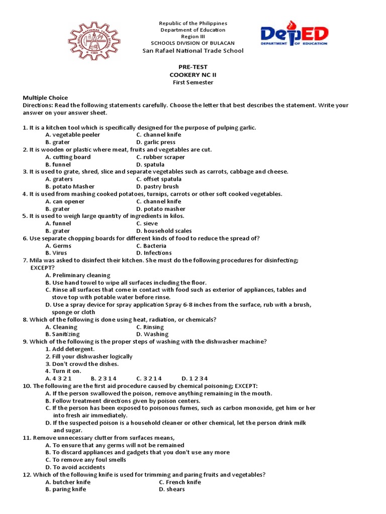 Pre - Test COOKERY (1st Sem) | PDF | Salad | Sandwich