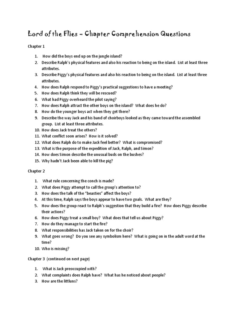 Lord of The Flies Chapter Comprehension Questions | PDF | Young Adult