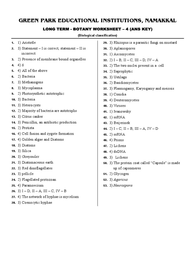 Worksheet - 4 - Biological Classifiation - Answer Key | PDF | Organisms ...