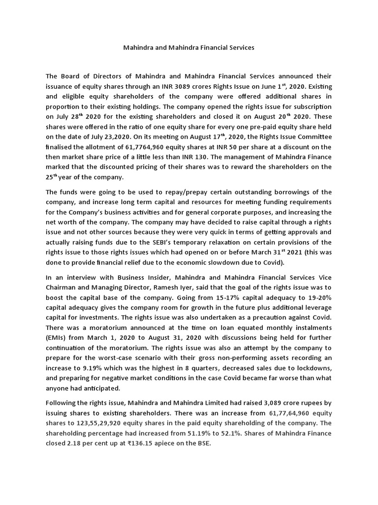 Mahindra And Mahindra Finance Pdf Equity Finance Capital