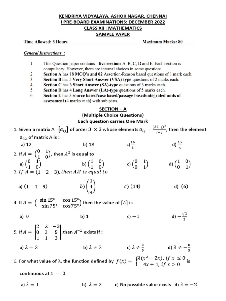 Sample Paper 1 - Class Xii Maths | PDF | Area | Integral