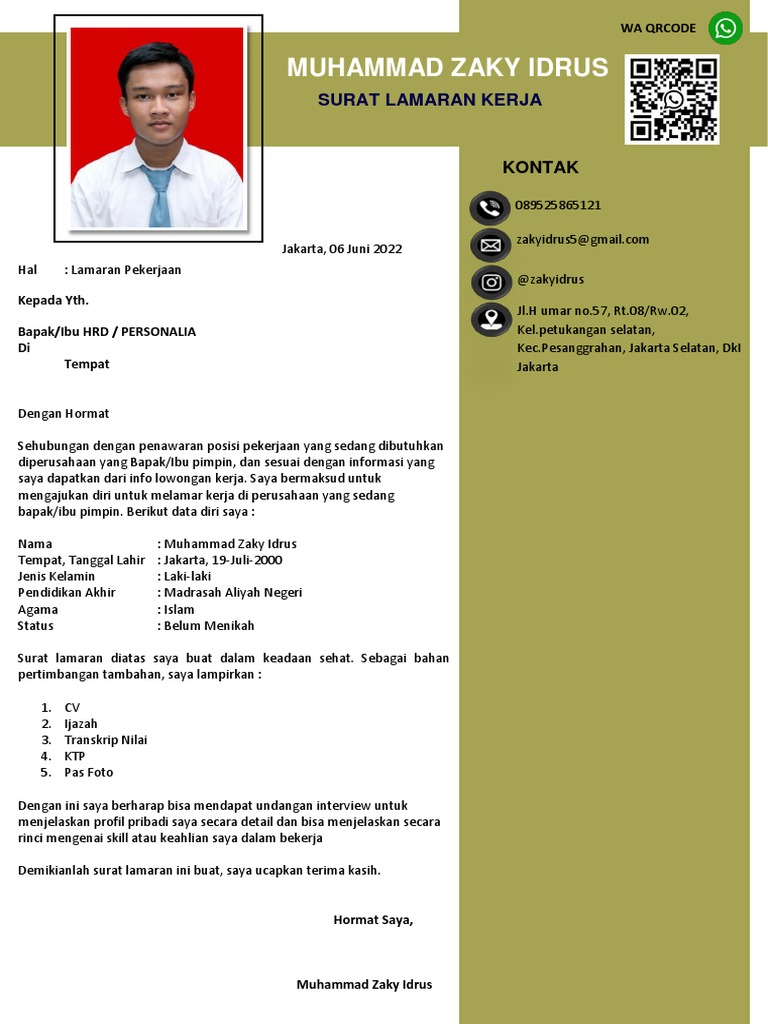 Surat Lamaran Kerja Muhammad Zaky | PDF