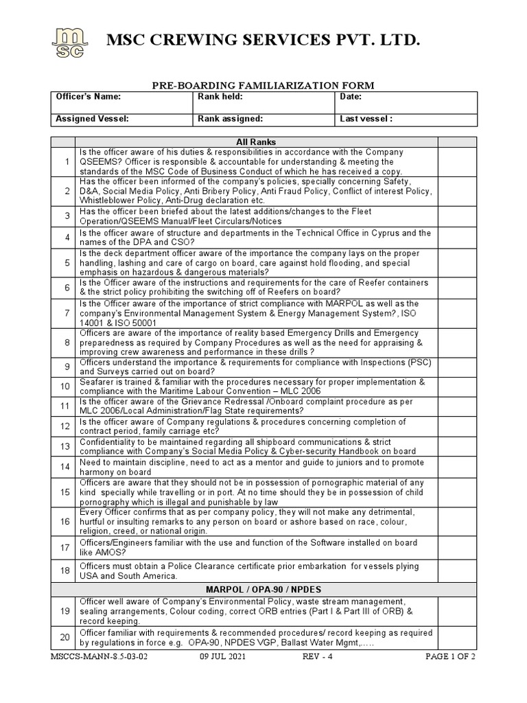 MSCCS - MANN - 8.5 - 03 - 02 - PRE BOARDING FAM FORM-new | PDF