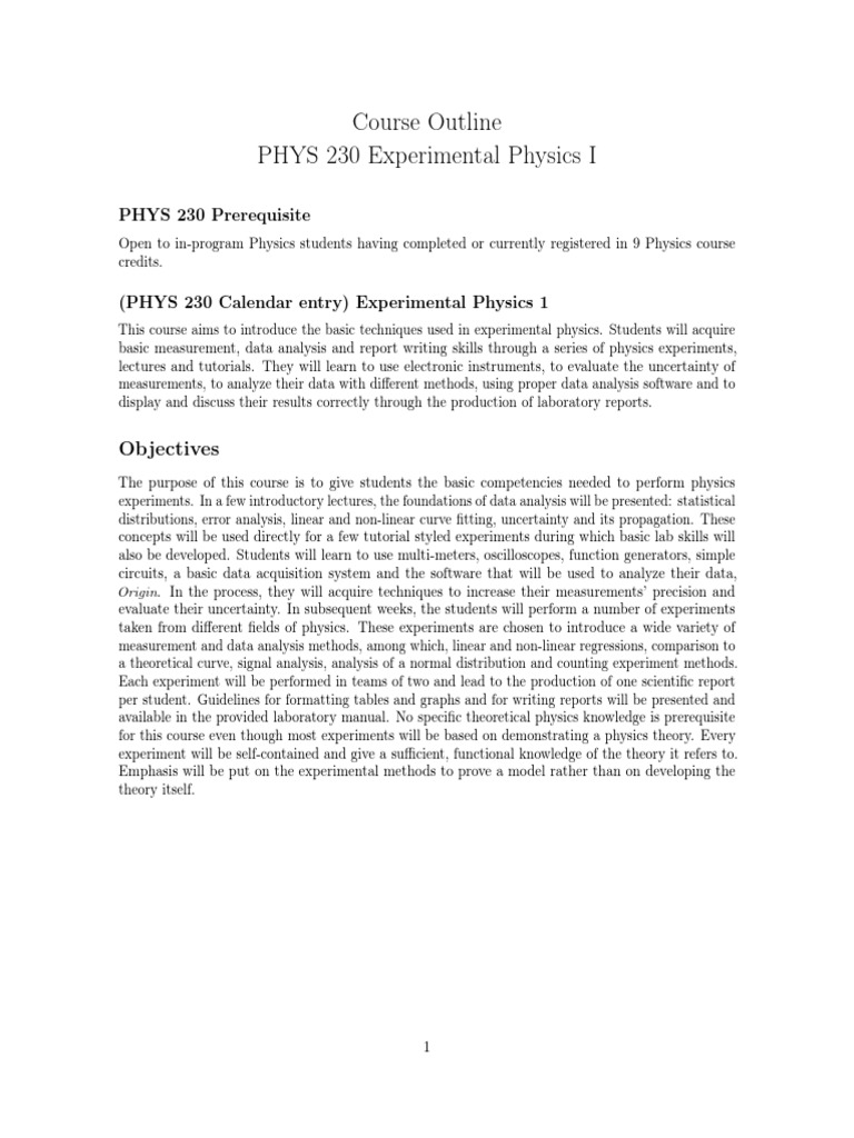 Phys230 Course Outline | PDF | Experiment | Data Analysis