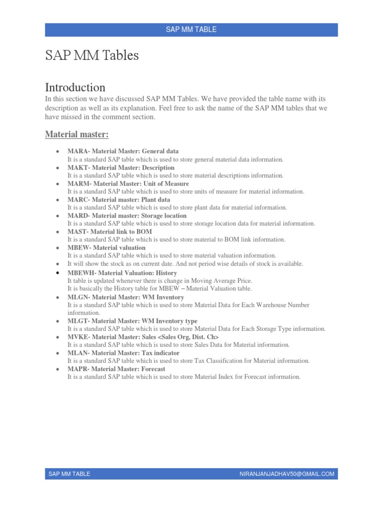Sap Mm Table | PDF | Invoice | Information Technology Management