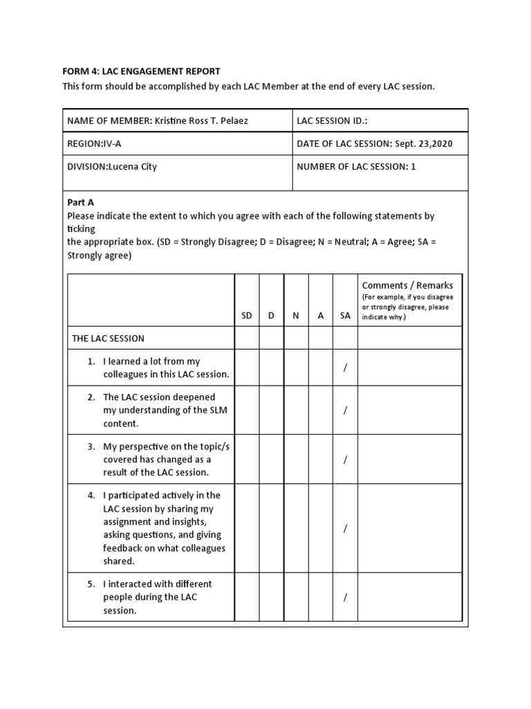 Form 4. LAC Engagement Report M1 Pelaez | PDF | Psychological Concepts ...