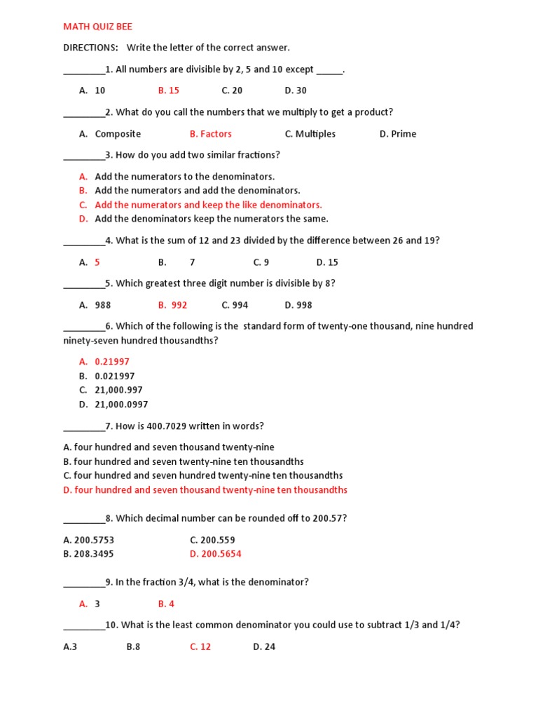 MATH QUIZ BEE With Answer | PDF | Lexicology | Notation