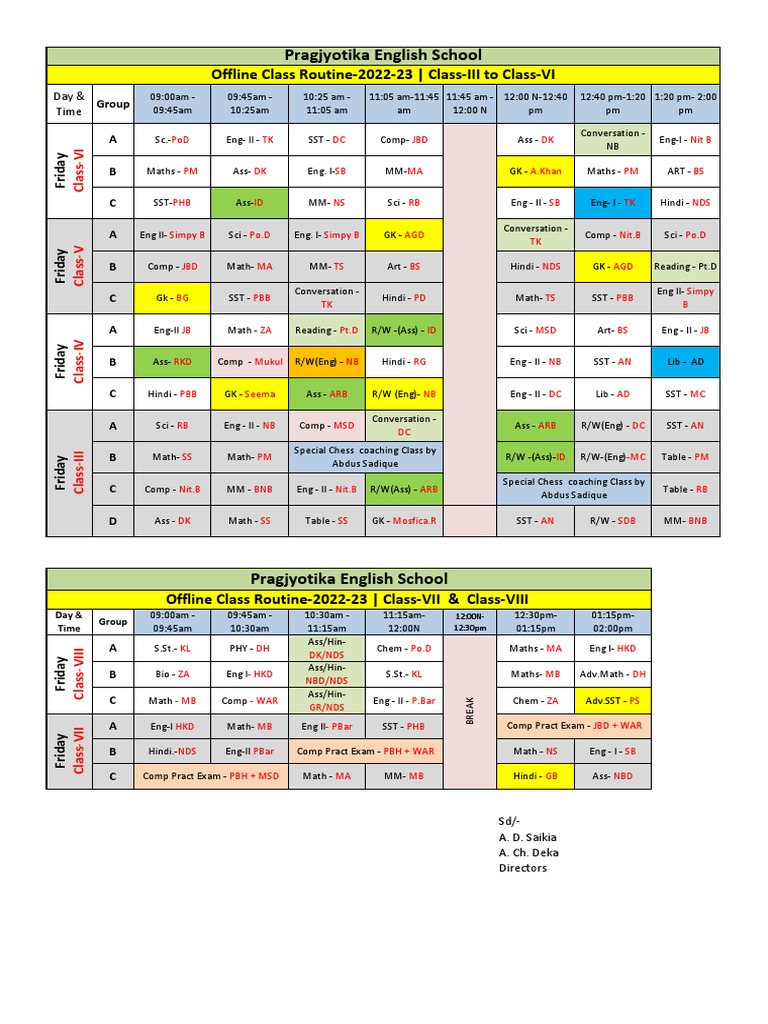Class Schedule 2022-23 for Pragjyotika | PDF