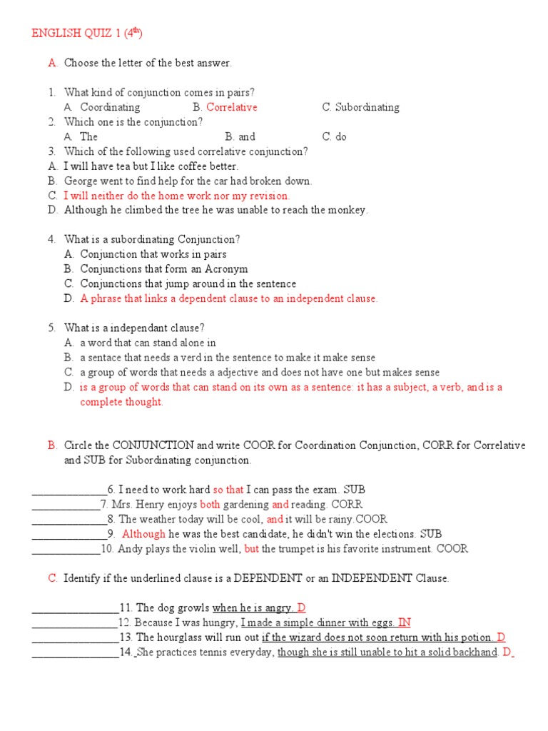 English Quiz on Clauses and Conjunctions | PDF | Linguistic Morphology ...