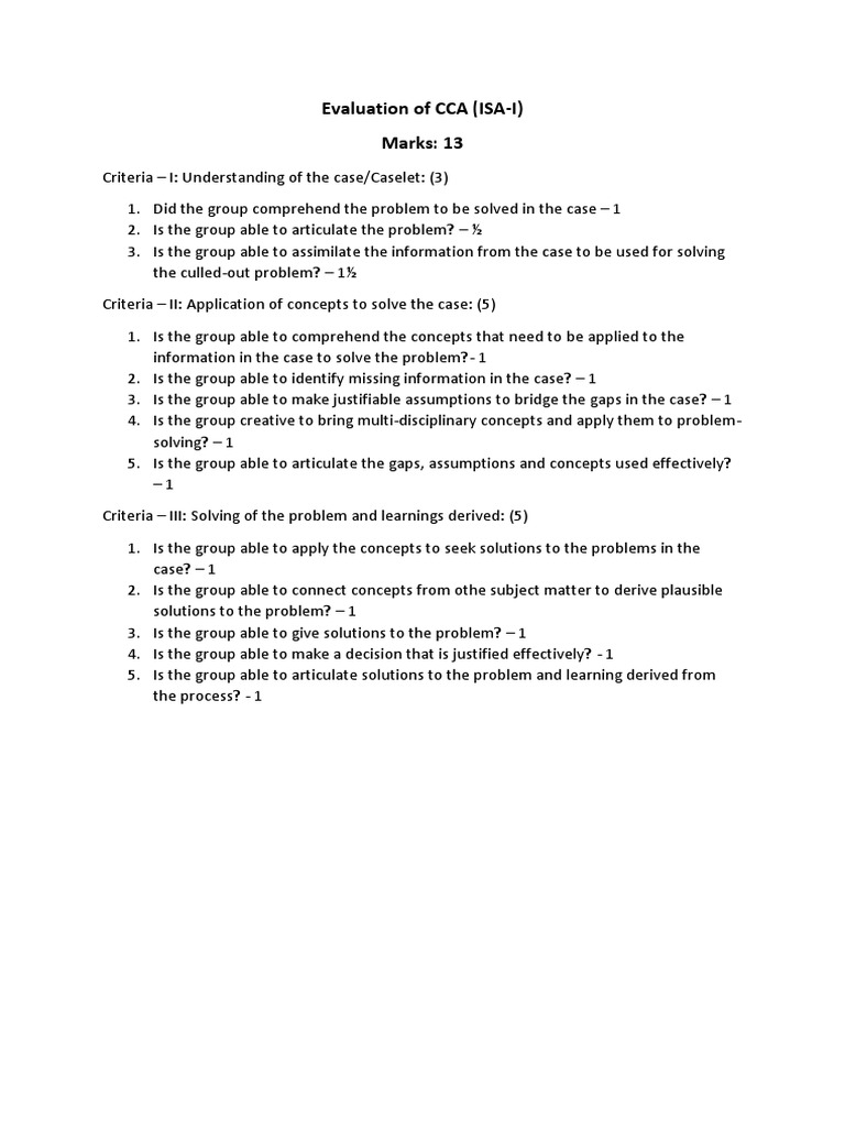 Rubrics For Evaluation of CCA ISA-I | PDF