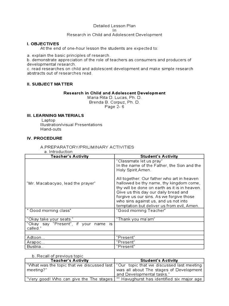 Detailed Lesson Plan in Child and Adolescent Development | PDF