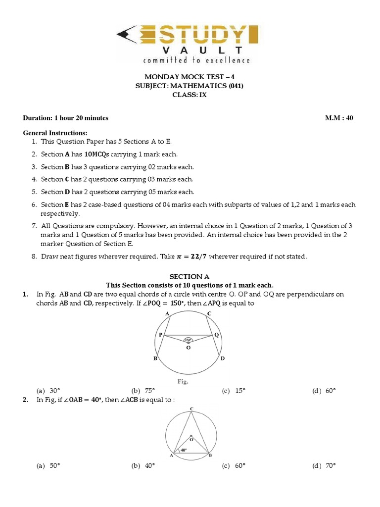 IX - Monday Test-4 - Mathematics (GGN) | PDF | Circle | Area