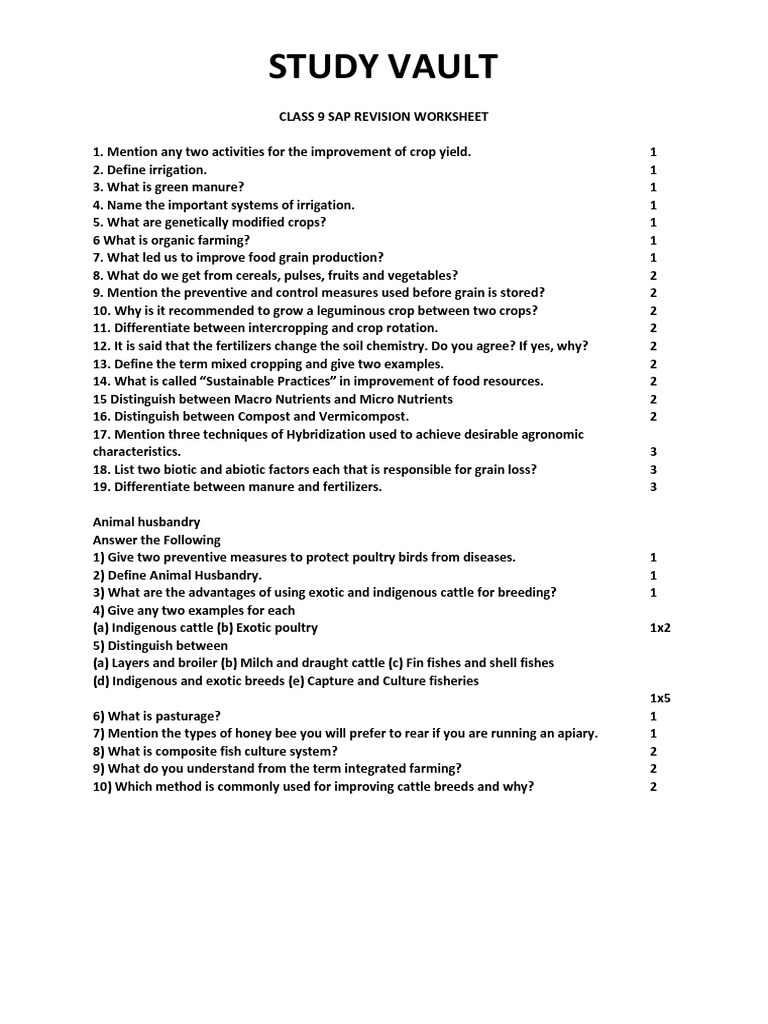 Class 9 Sap Revision Worksheet | PDF | Agriculture | Legume