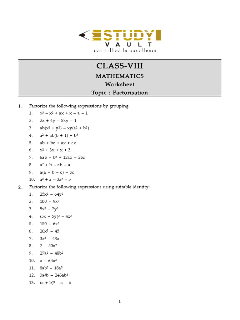 VIII Worksheet 2 Factorisation Maths (GGN) | PDF