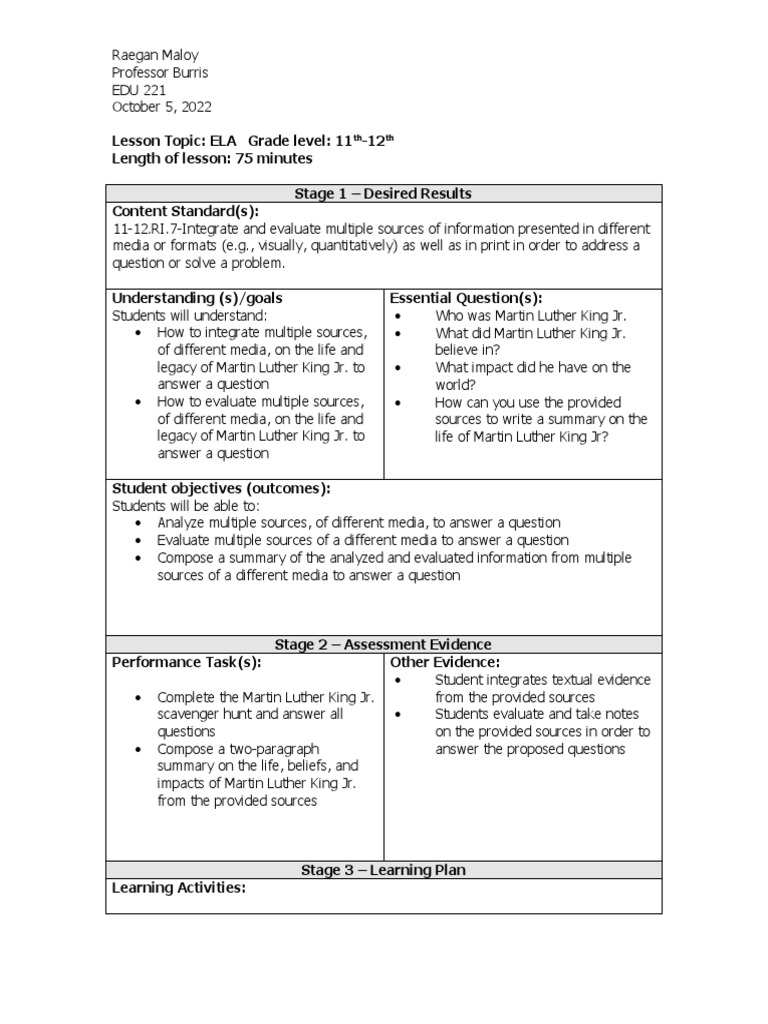 Elalessonplan | PDF | Learning | Cognition