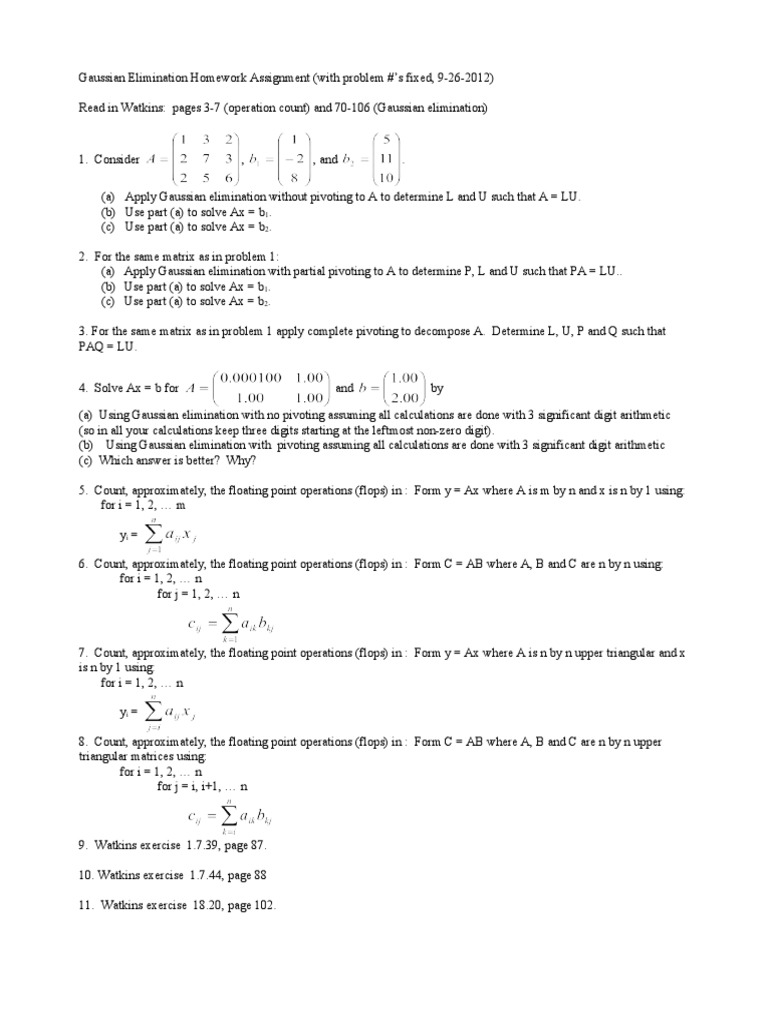 Gaussian Elimination Homework | PDF