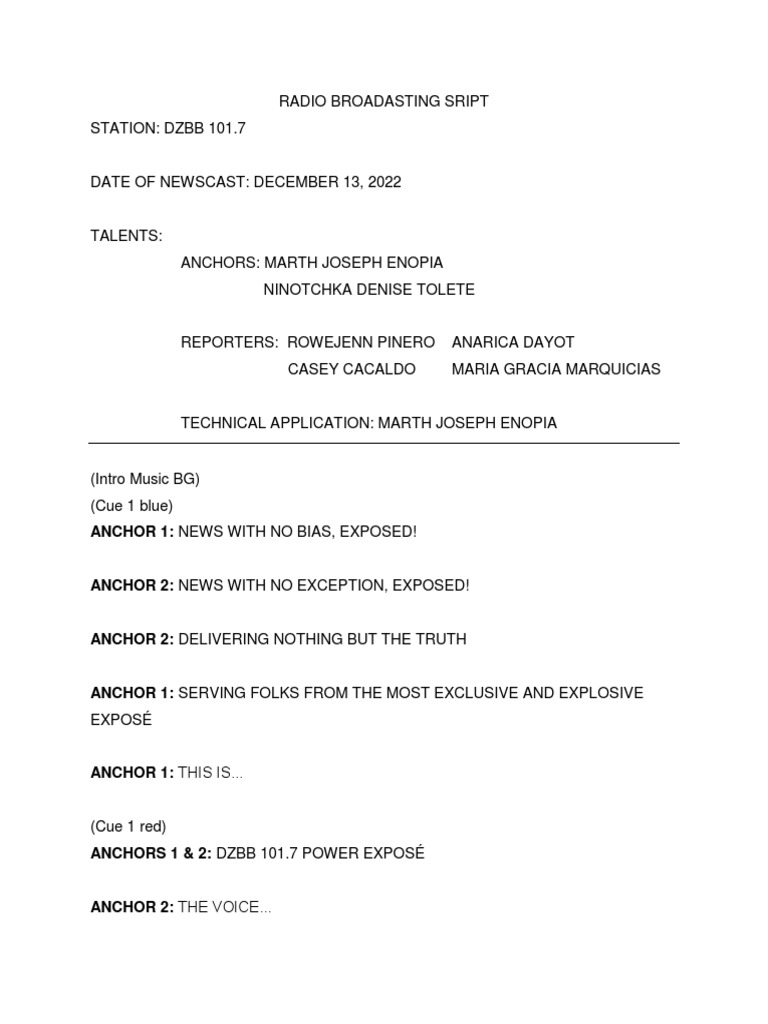 DZBB 101.7 News Broadcast Script | PDF | Travel