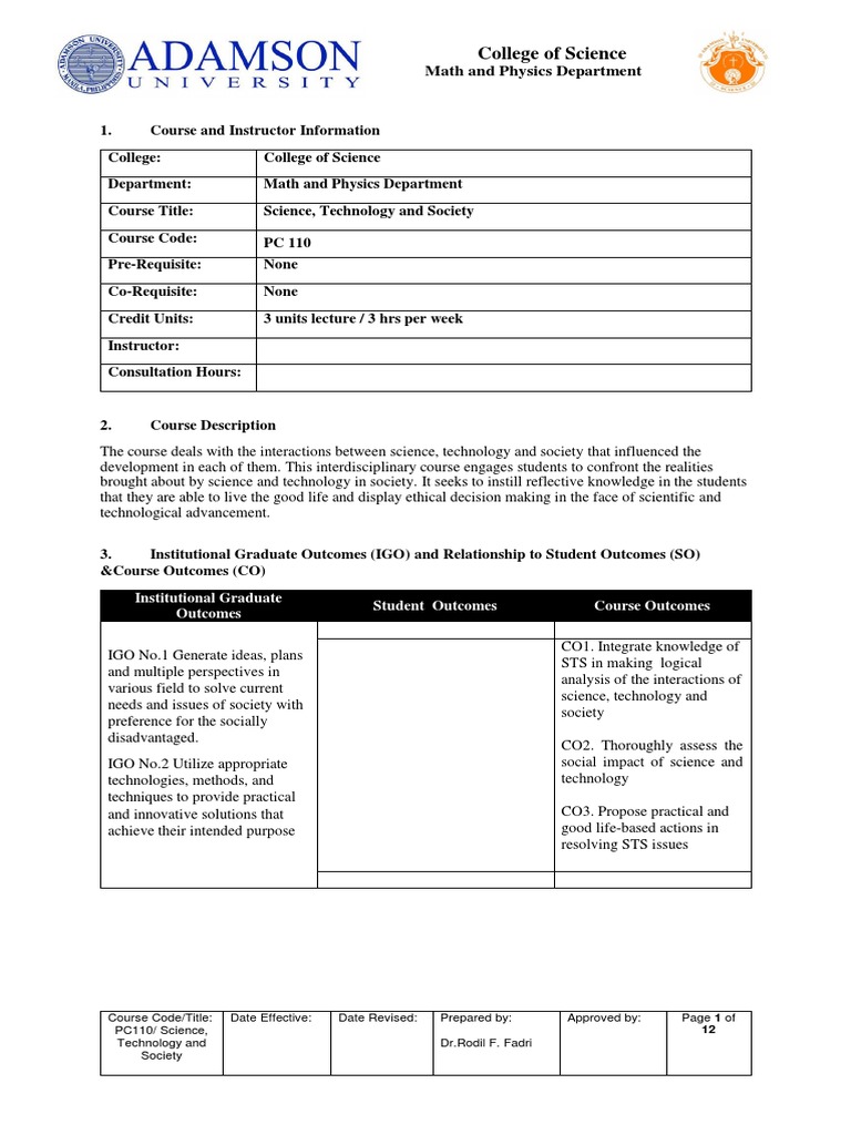 STS OBE Syllabus 2020 | PDF | Science | Biodiversity