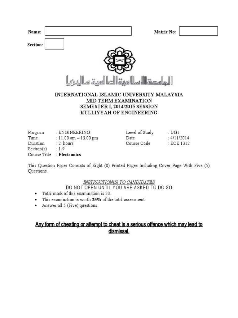 Engineering Midterm Exam: Electronics 2014 | PDF | Diode | P–N Junction