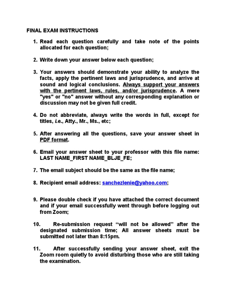 Final Exam Instructions | PDF | Question | Lawyer