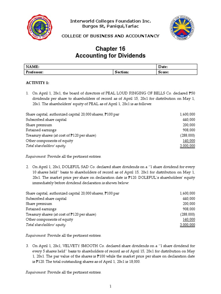 Rjnth64oq - ACTIVITY - CHAPTER 16 - ACCOUNTING FOR DIVIDENDS | PDF ...
