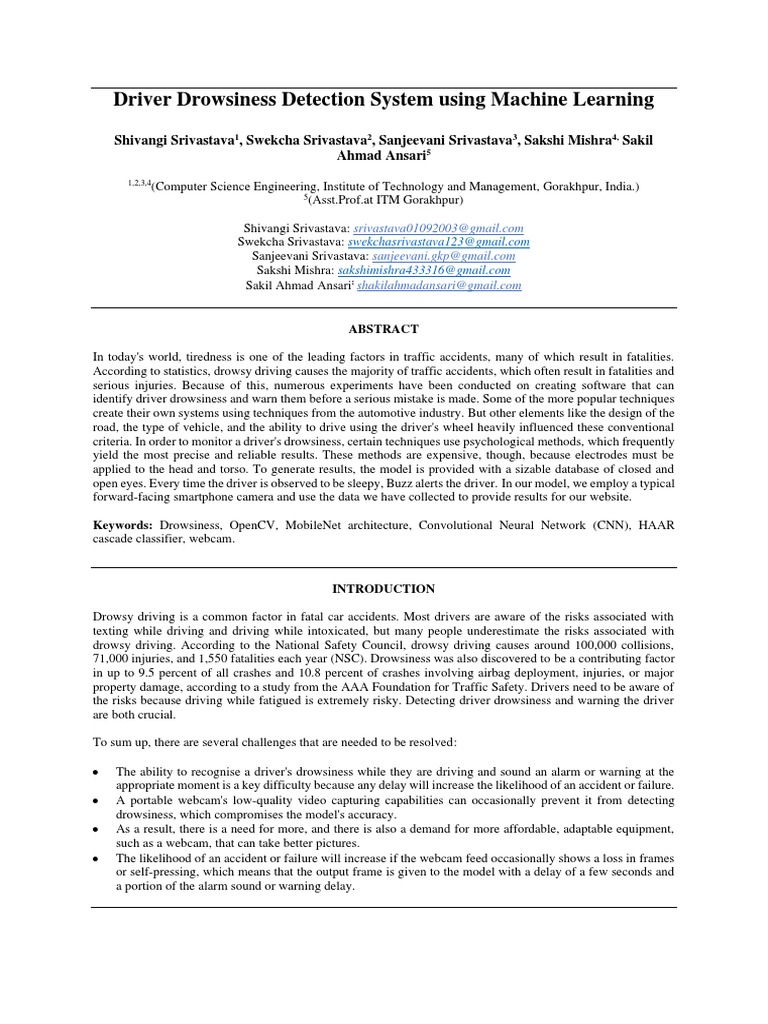 Review Paper On Driver Drowsiness Detection System Using Machine Learning | PDF