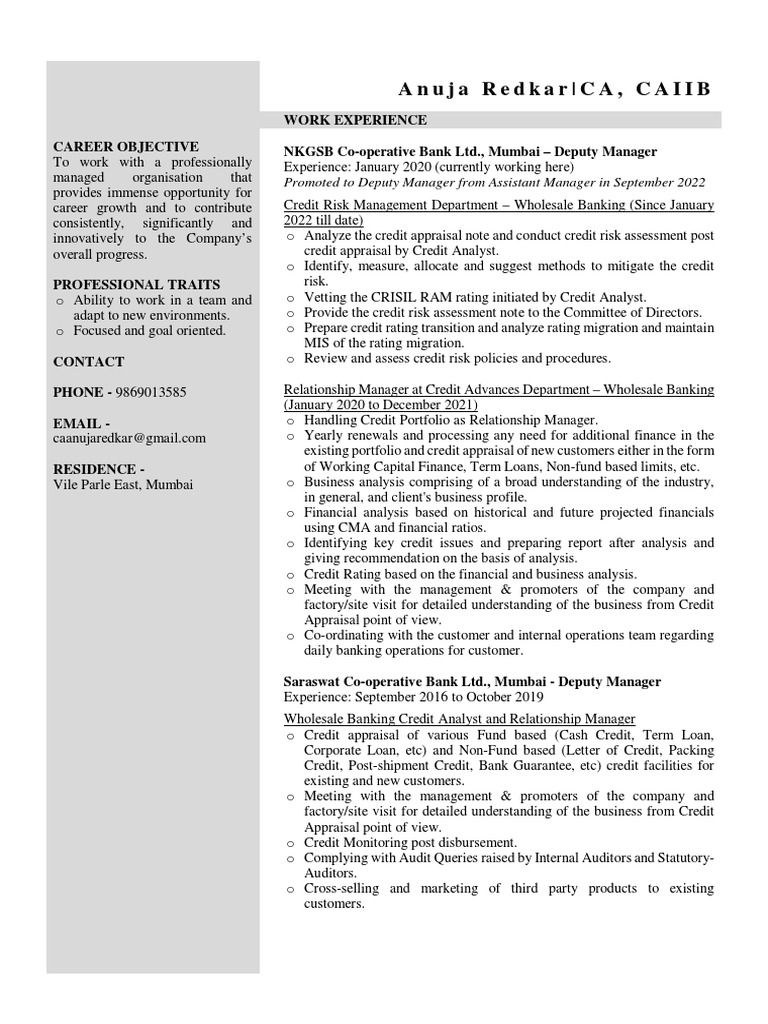 Resume - CA Anuja Redkar | PDF | Risk | Audit
