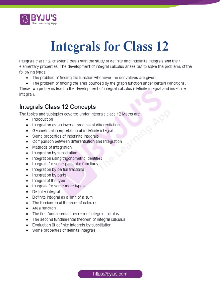 Integrals For Class 12 Notes | PDF | Integral | Function (Mathematics)