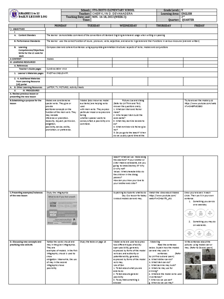 DLL - ENGLISH G5 - Q1 - W2-Che | PDF | Verb | English Language