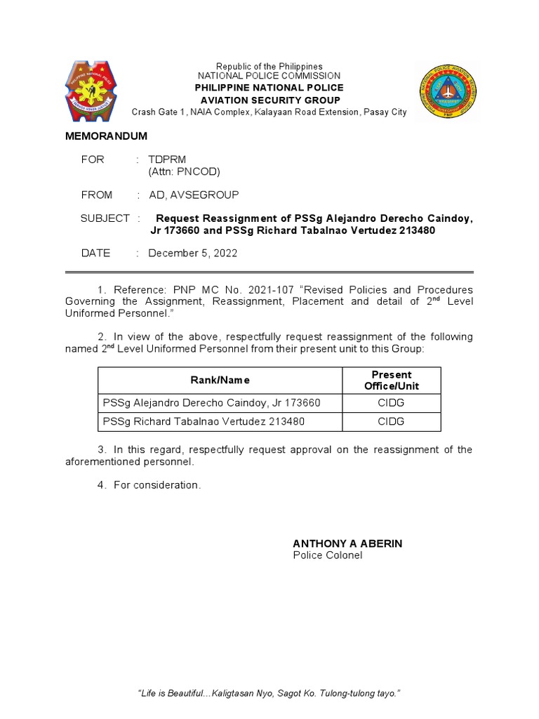Request For Reassignment (PSSG Richard Tabalnao Vertudez and PSSG Alejandro D Caindoy, JR | PDF