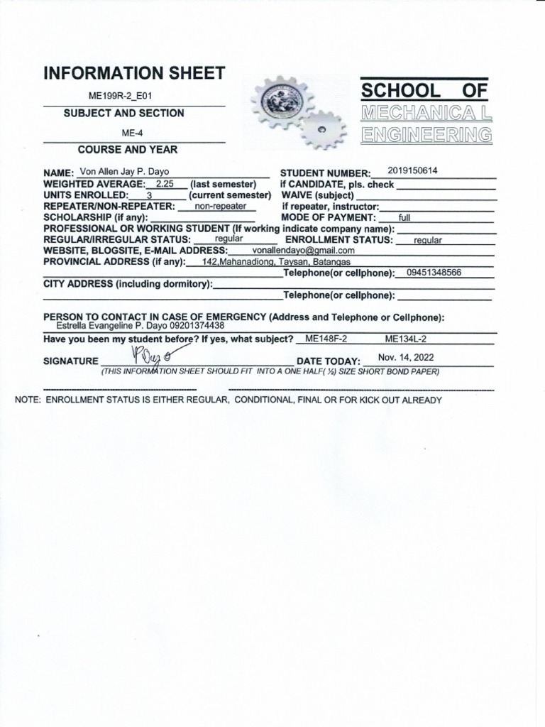 Mme Information Sheet - Dayo | PDF