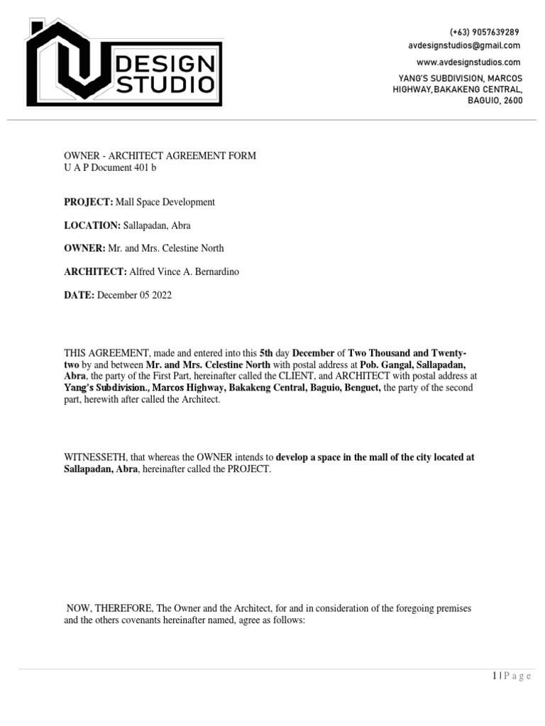 Architect-Owner Agreement - Bernardino | PDF | Architect | General ...