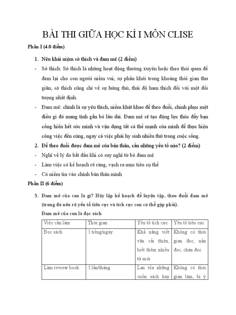 Bài Thi Giữa Học Kì i Môn Clise | PDF