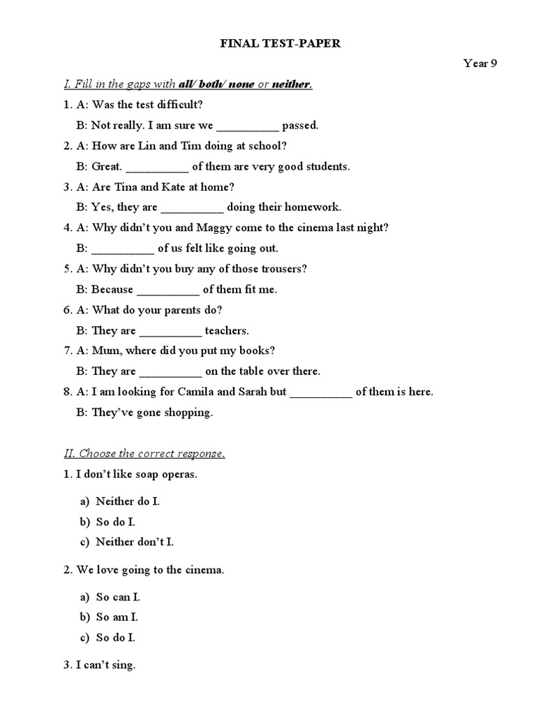 Final Test, Year 9 | PDF