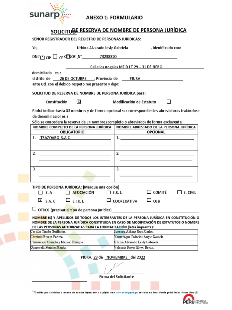Formato Solicitud Reserva Nombre Persona Juridica SUNARP | PDF | Justicia | Crimen y violencia