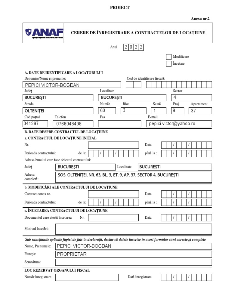 Cerere Inregistrare Contract Locatiune COMPLETAT PARȚIAL | PDF