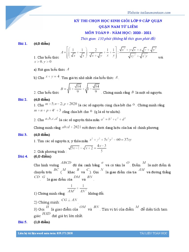 8.hsg-Toan 9-2020-2021-Pgd-Nam Tu Liem-Hn-Toan THCS-VN | PDF
