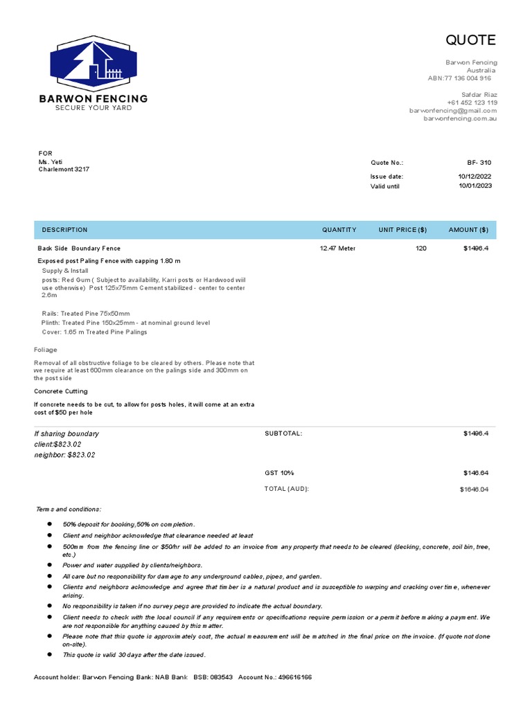 Back Side Boundary Fence Installation Quote for Ms. Yeti outlining ...