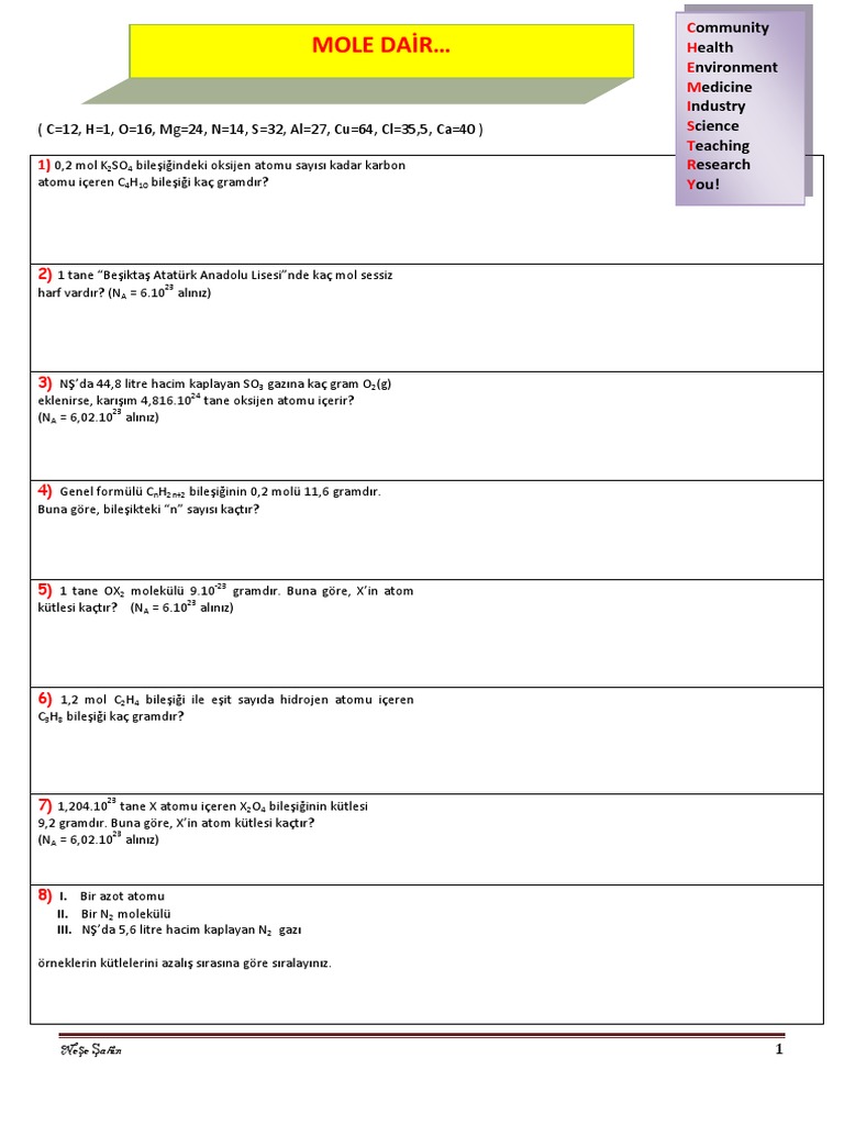 Kimya Dersi Mol Hesaplamaları Soru Ve Cevapları 2 | PDF
