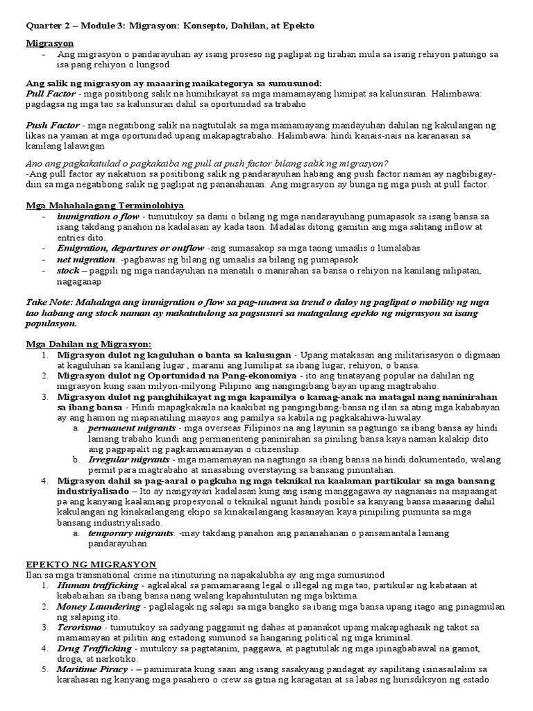 Q2 M3 Quarter 2 Module 3 Handout Migrasyon Konsepto Dahilan at Epekto | PDF