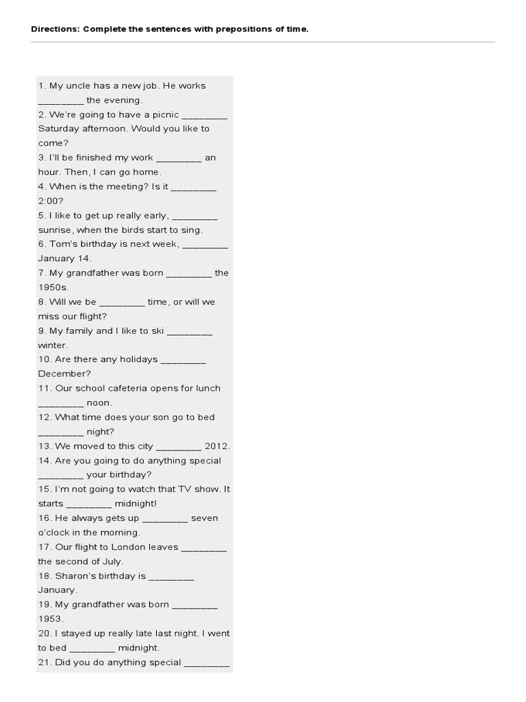 Prepositions of Time Sentence Completion | PDF