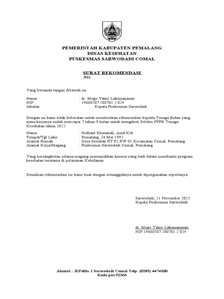 Contoh Surat Rekomendasi | PDF